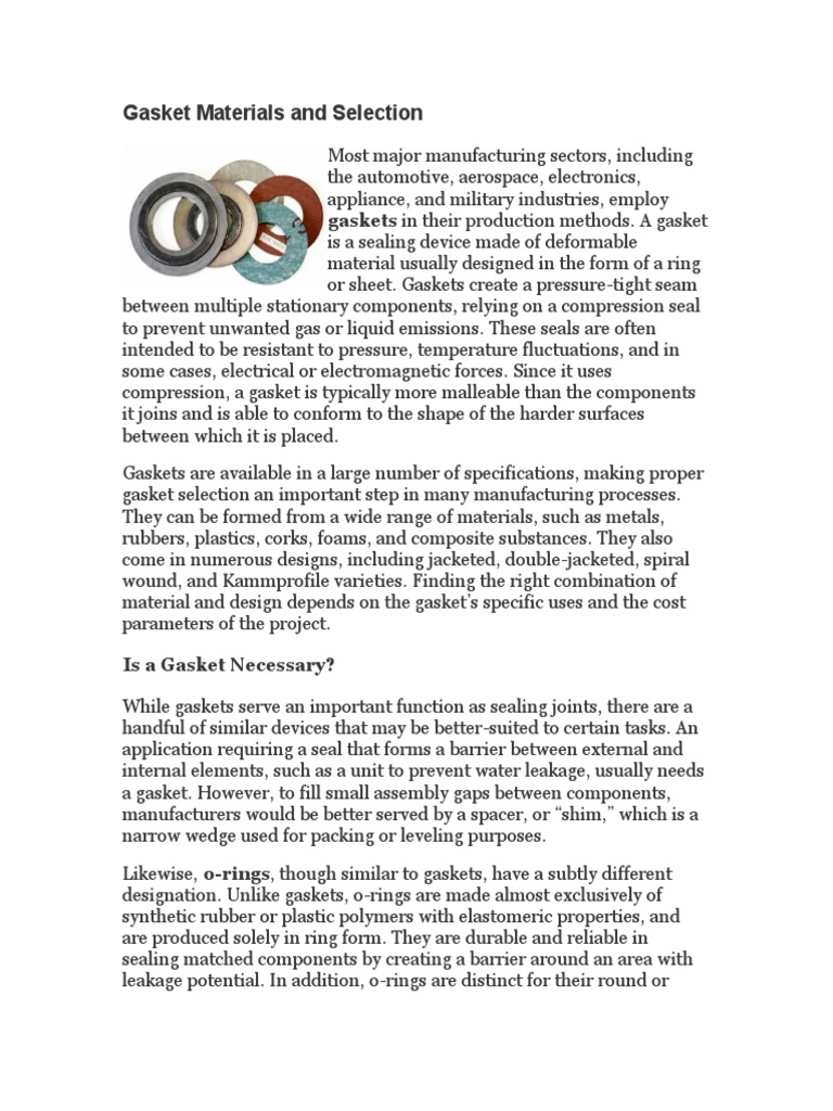 Gasket Materials and Selection: Gaskets in Their Production Methods. A ...