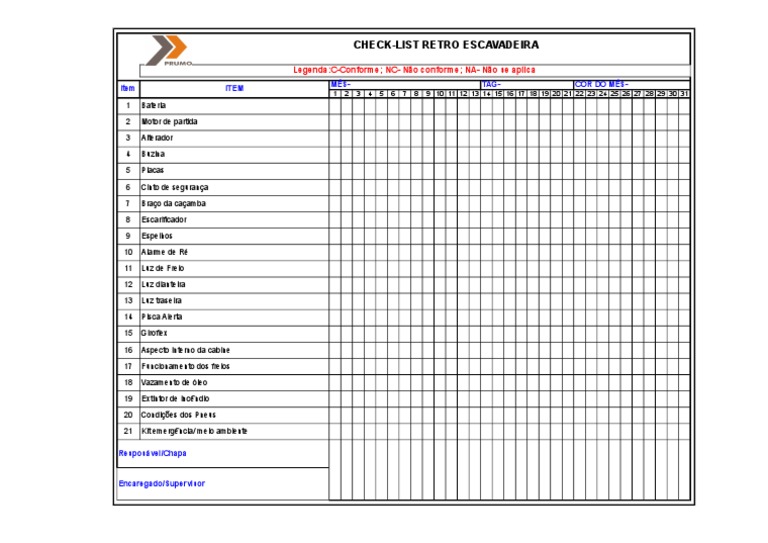 Check List Retro Escavadeira | PDF
