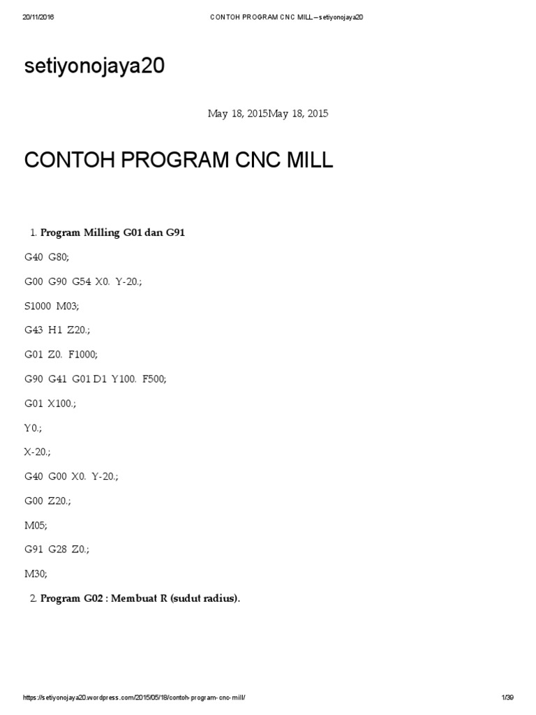 CONTOH PROGRAM CNC MILL - Setiyonojaya20 PDF | PDF