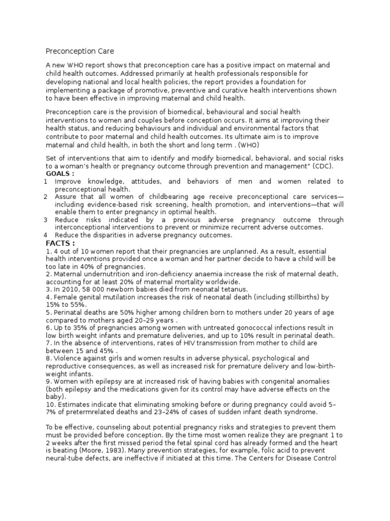 Preconception Care | PDF | Congenital Disorder | Preterm Birth