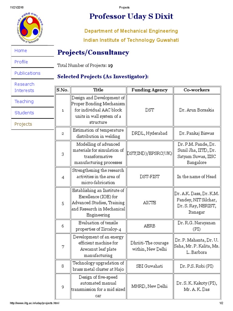 Professor Uday S Dixit: Projects/Consultancy | PDF | Mechanical ...