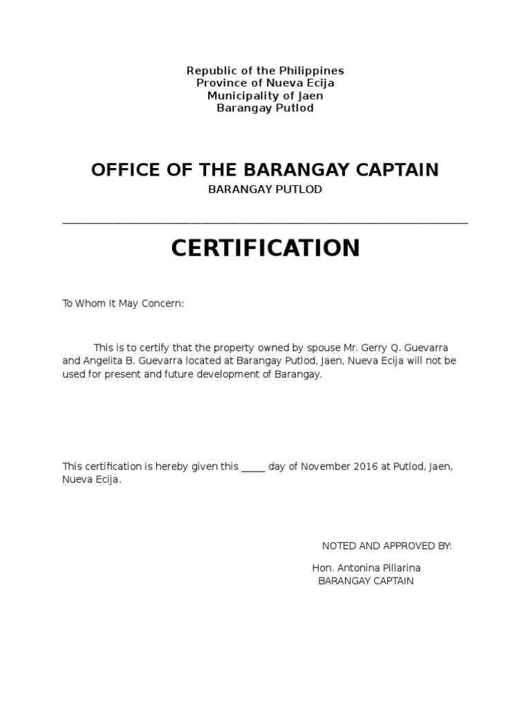 Certification: Office of The Barangay Captain | PDF