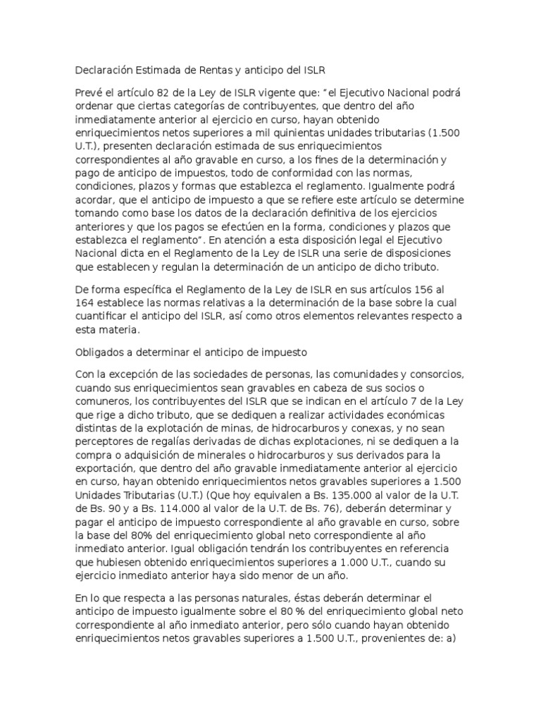 Declaración Estimada de Rentas y Anticipo Del ISLR | PDF | Impuestos ...