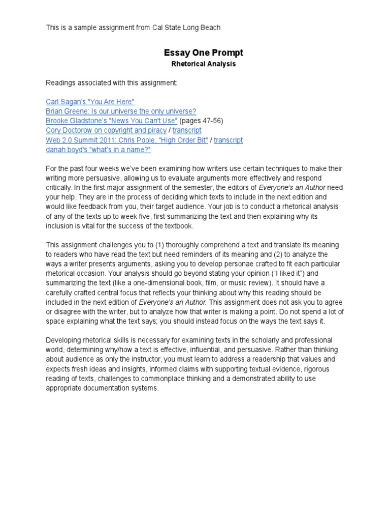 Essay One Prompt: Rhetorical Analysis | PDF | Rhetoric | Essays