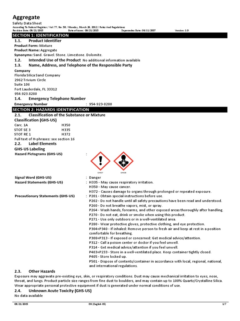 Aggregate Sds Us 092115 Final | Fluorine | Personal Protective Equipment