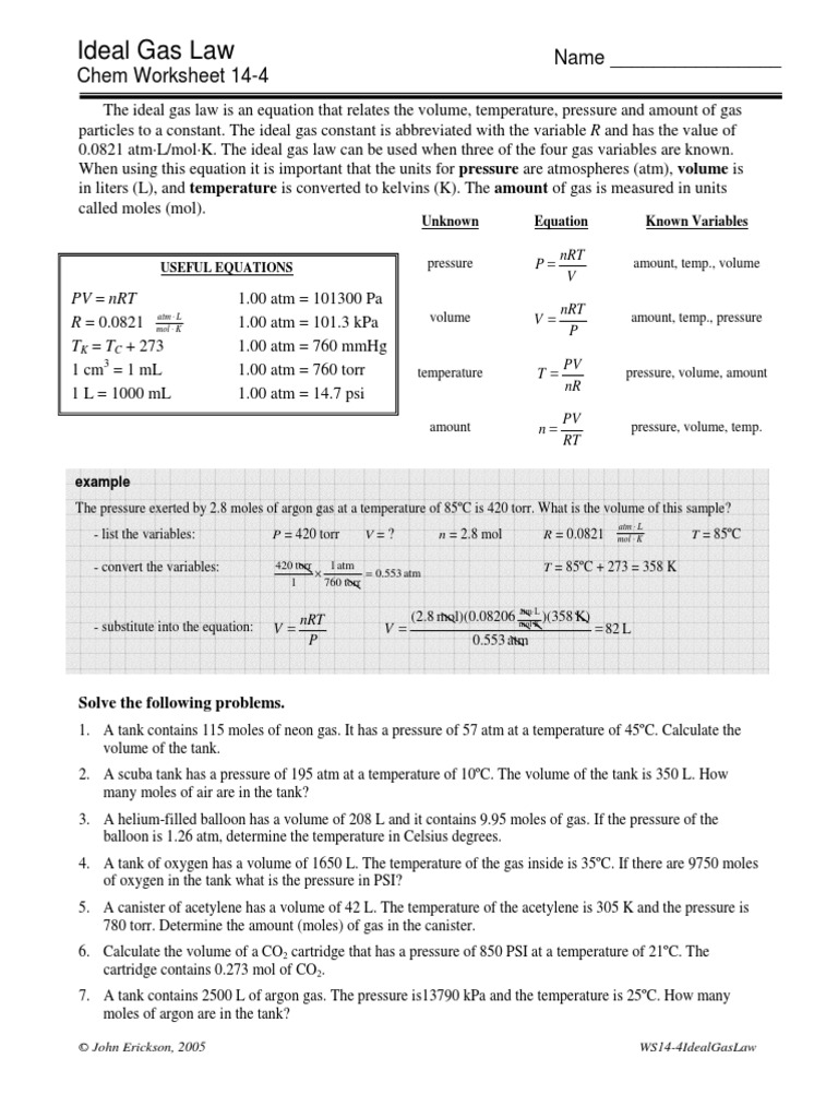 Ideal Gas Law: Name - Chem Worksheet 14-4 | PDF