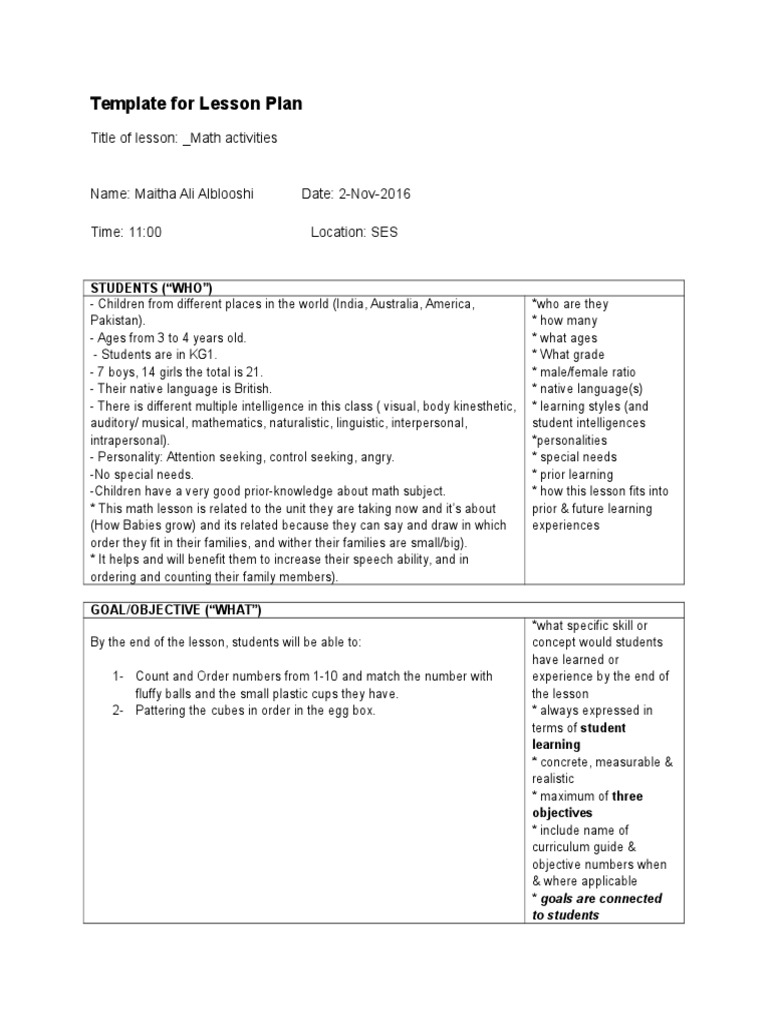 Template For Lesson Plan: Title of Lesson: - Math Activities | PDF ...