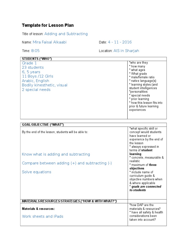 Template For Lesson Plan: Title of Lesson: Name: Date: Time: Location ...