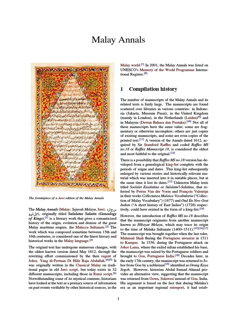 Malay Annals: 1 Compilation History | PDF | Southeast Asia | Strait Of ...