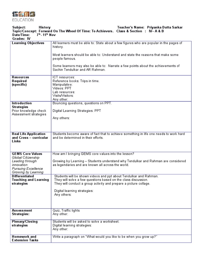 G 4, Lesson Plan History 7th - 11th Nov | PDF | Lesson Plan | Learning