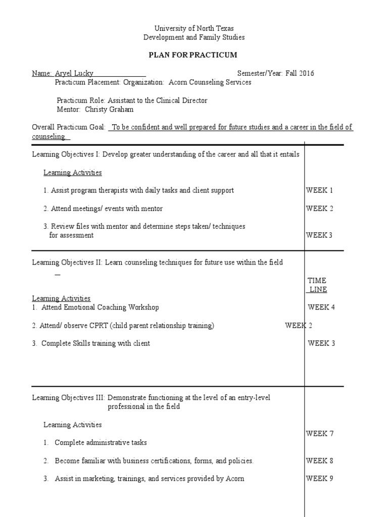 UNT Practicum Plan for Counseling Role | PDF