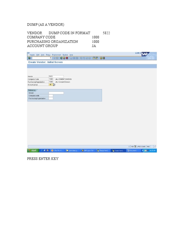 Dump (As A Vendor) Vendor Dump Code in Format 5822 Company Code 1000 ...