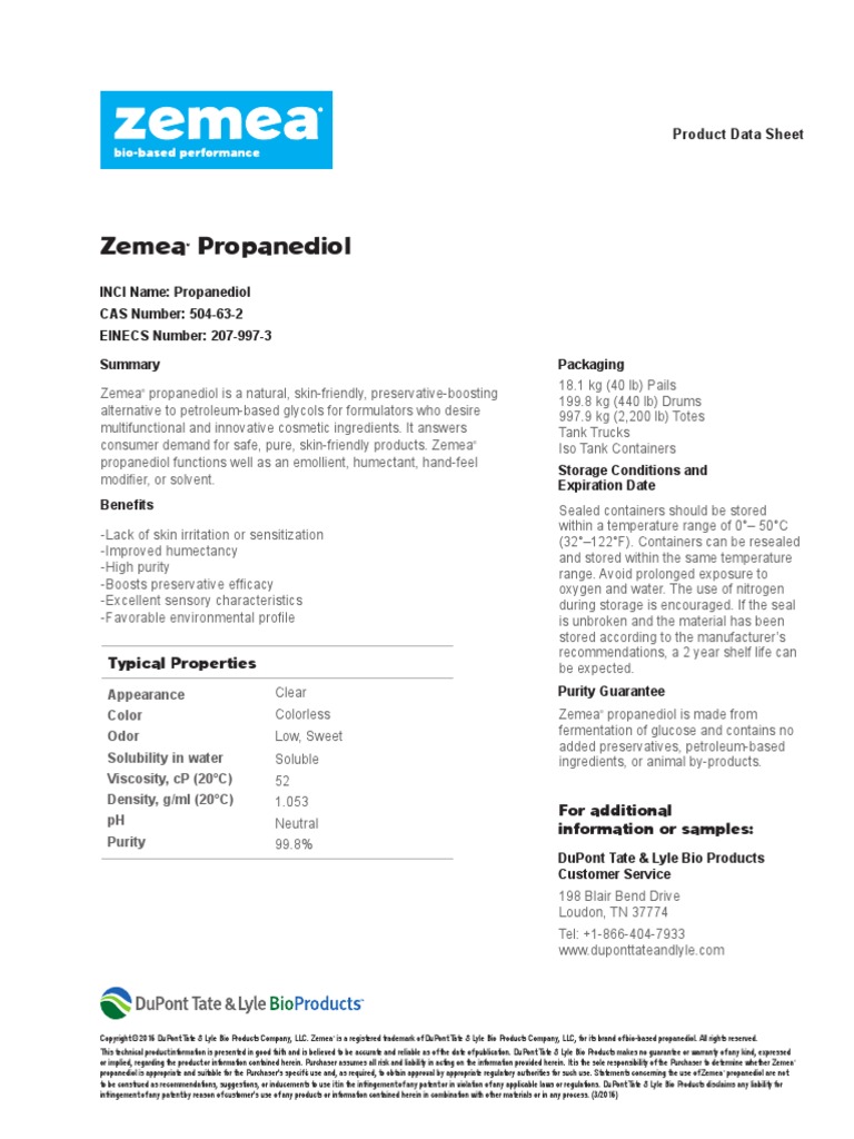 Zemea (R) Propanediol Product Data Sheet | PDF | Patent | Business