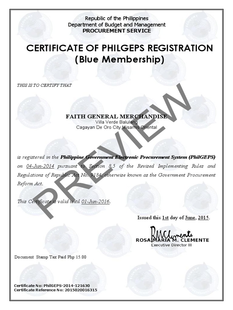 Certificate of Philgeps Registration (Blue Membership) : Faith General ...