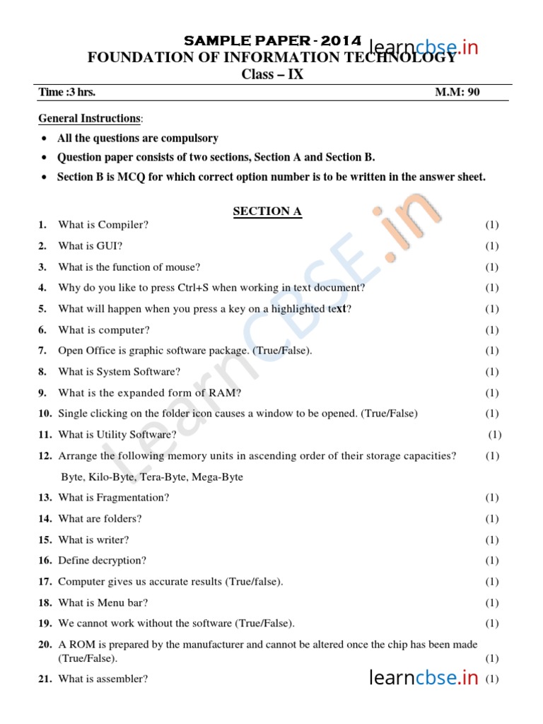 Cbse Class 9 Computer Science Sample Paper Sa1 2014 Paper 1 | PDF | Graphical User Interfaces ...