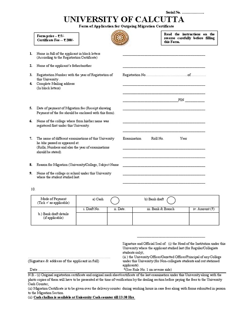 University of Calcutta: Form of Application For Outgoing Migration ... University of Calcutta: Form of Application For Outgoing Migration ...