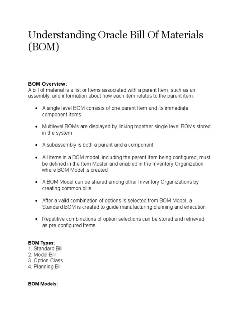 Understanding Oracle Bill of Materials (BOM) | PDF