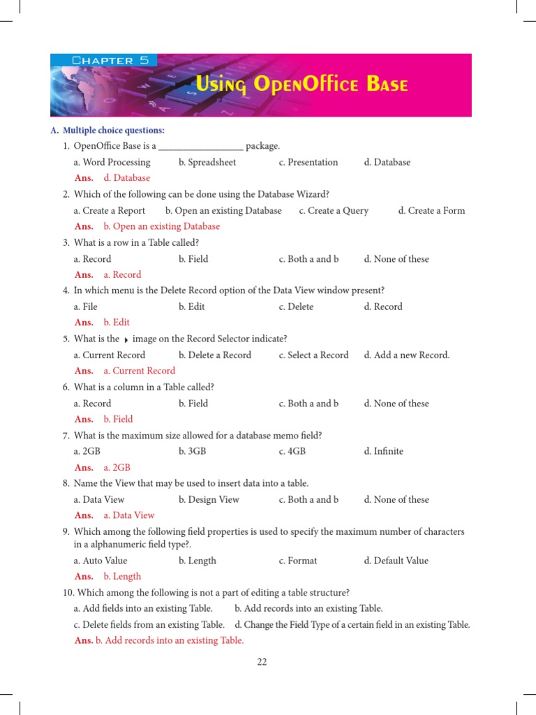 Using Openoffice Base: A. Multiple Choice Questions | PDF | Table (Database) | Databases