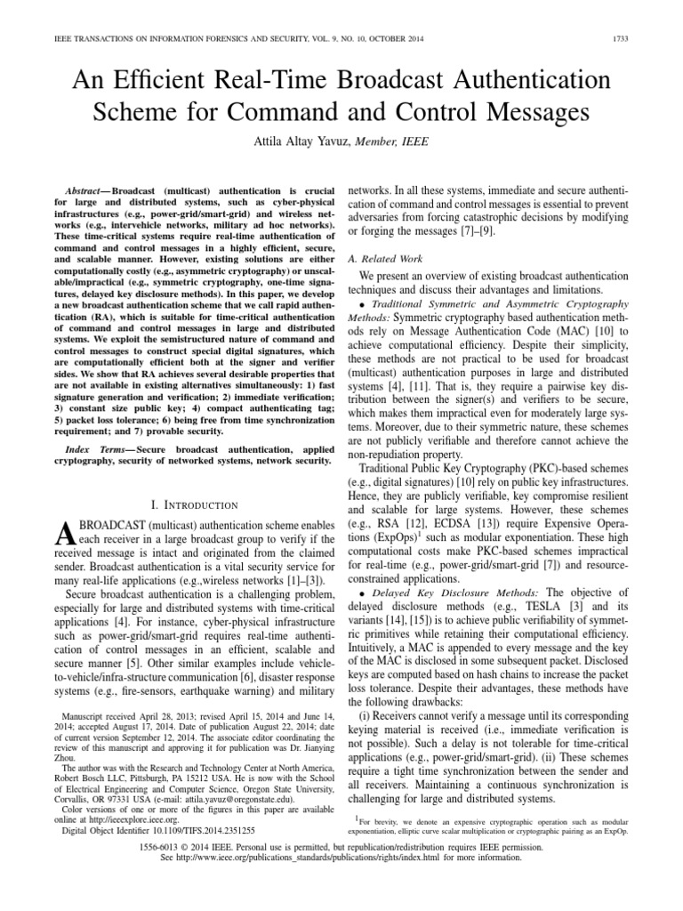 An Efficient Real Time Broadcast Authentication Scheme For Command And Control Messages
