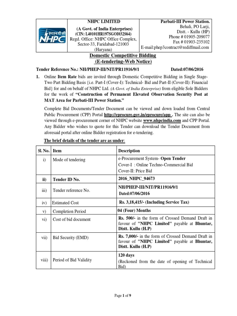 Domestic Competitive Bidding (E-tendering-Web Notice) : Page 1 of 9 ...