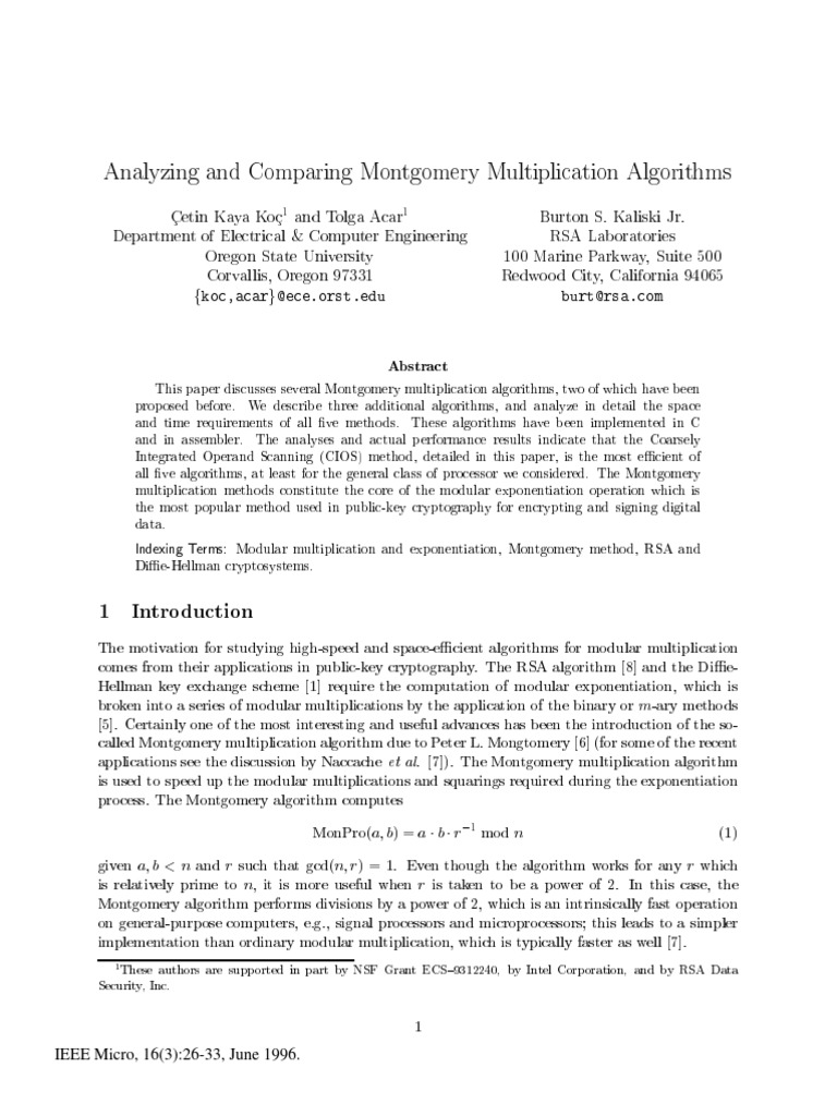 Analyzing and Comparing Montgomery Multiplication Algorithms | PDF ...