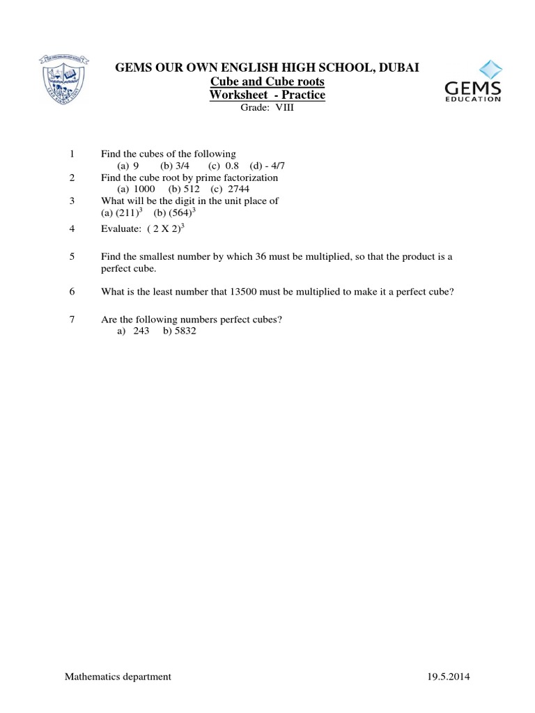 Cube and Cube Roots Practice Worksheet | PDF | Mathematical Analysis ...