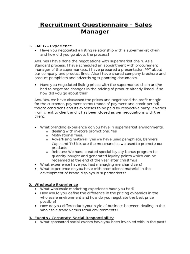 Recruitment Questionnaire - Sales Manager Interview Answers | PDF ...