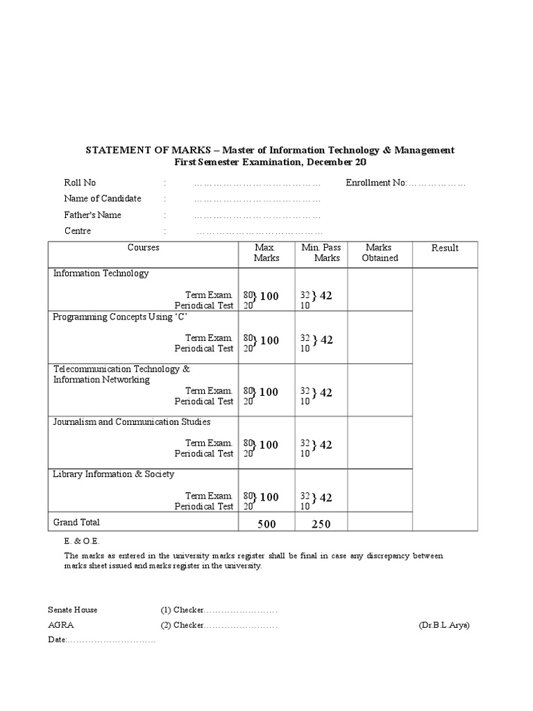 STATEMENT OF MARKS - Master of Information Technology & Management ...