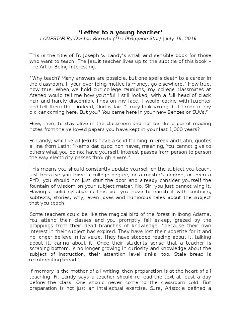 Letter To A Young Teacher | PDF | Classroom | Teaching And Learning
