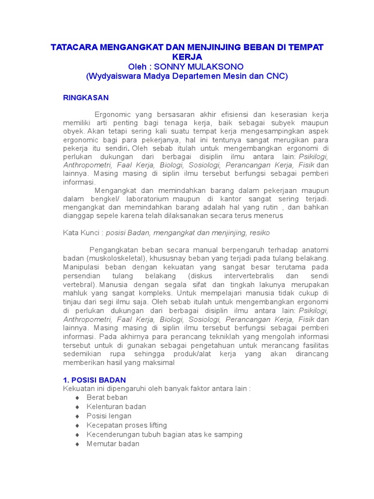 Tatacara Mengangkat Dan Menjinjing Beban Di Tempat Kerja | PDF