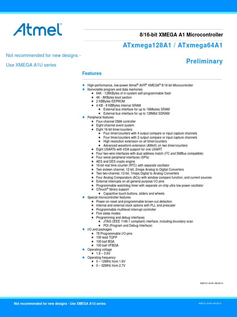 Atmel 8067 8 and 16 Bit Avr Microcontrollers Atxmega64a1 Atxmega128a1 Datasheet | PDF ...