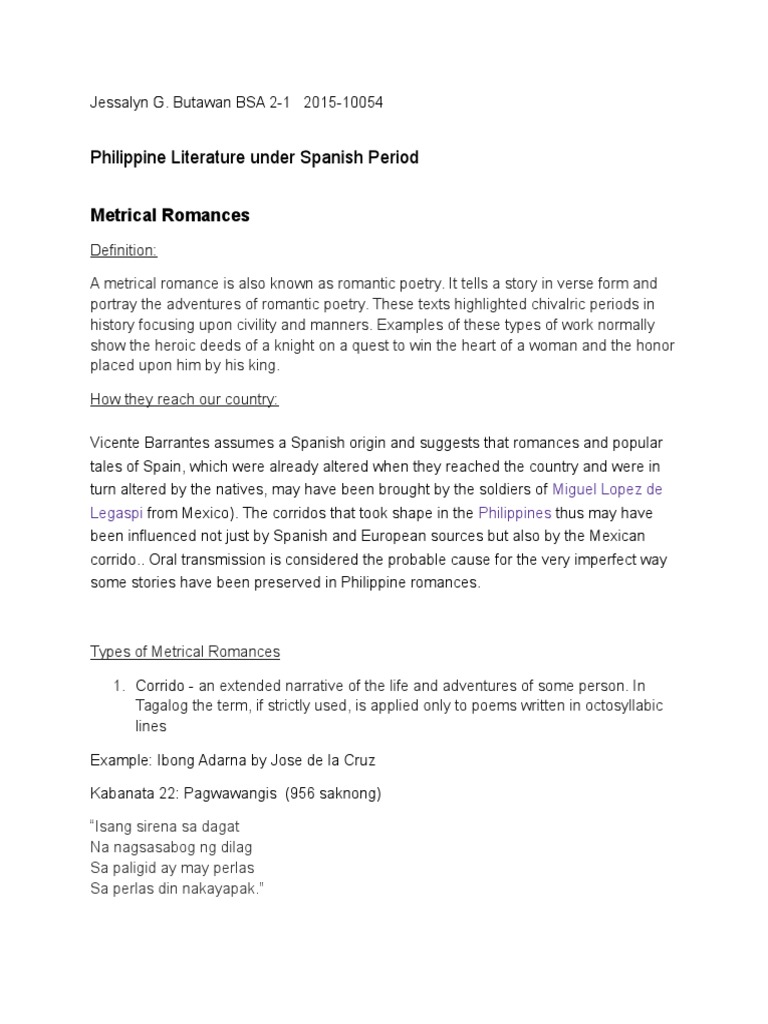 Philippine Literature Under Spanish Period: Metrical Romances | PDF