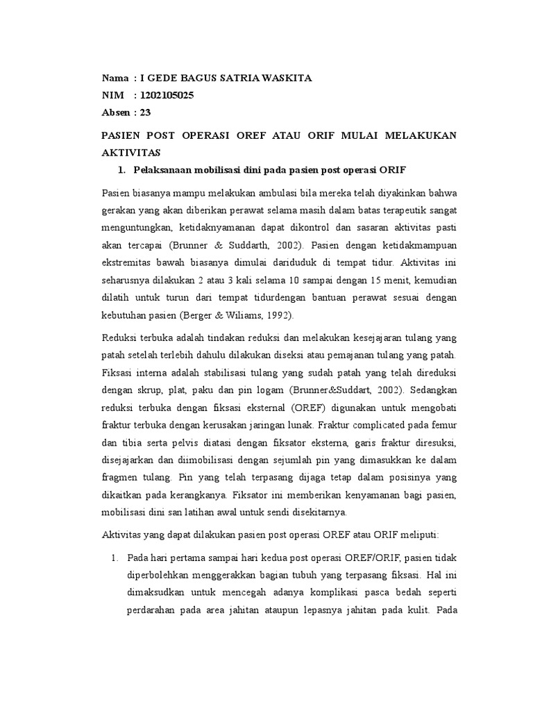 Pelaksanaan Mobiliasi Pasien Post Operasi OREF Atau ORIF | PDF