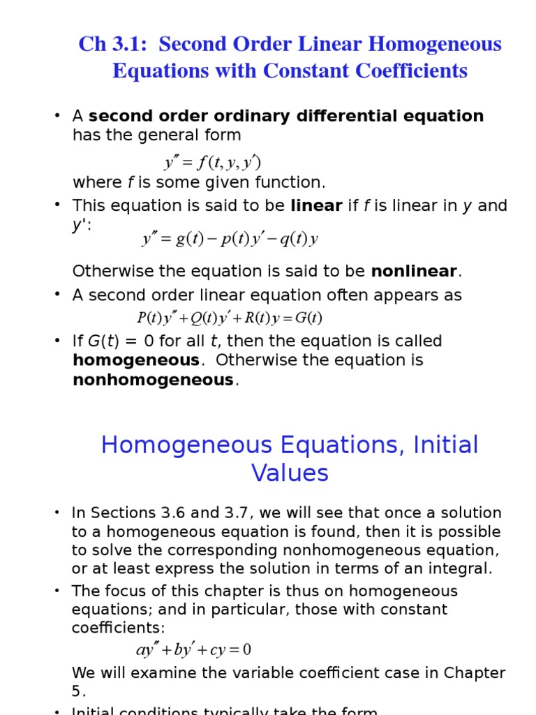 CH 3.1: Second Order Linear Homogeneous Equations With Constant ...
