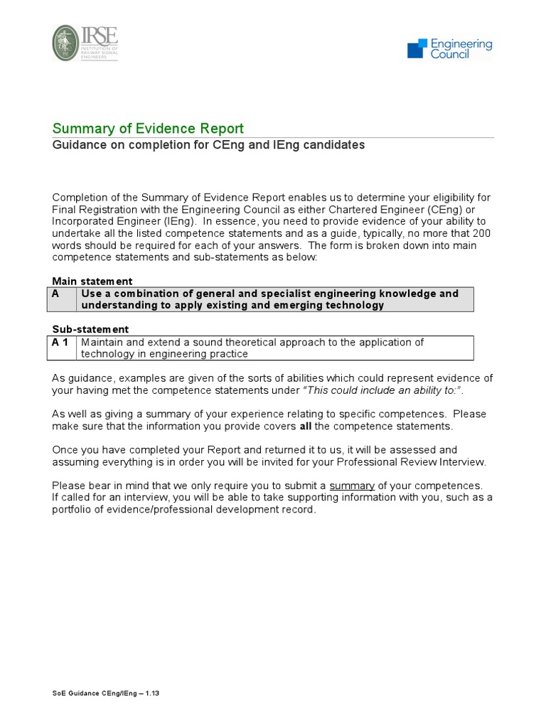 CEng/IEng Summary of Evidence Guide | PDF | Business | Computers