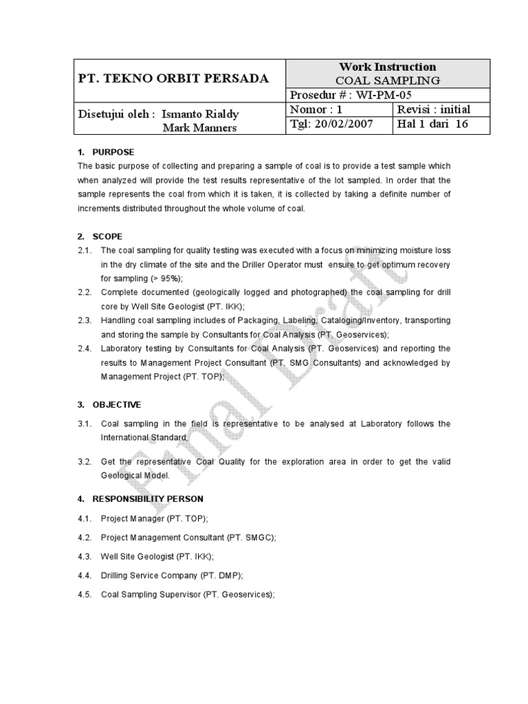 Coal Sampling Procedure - Nopw | PDF | Drilling Rig | Science
