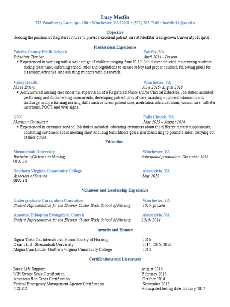 Resume Lucy Mesfin - 2016 | PDF | Virginia | Nursing