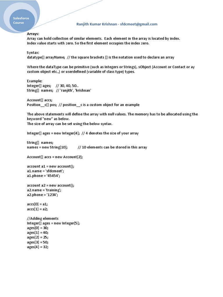 Arrays in Salesforce Apex | PDF | Array Data Type | Array Data Structure