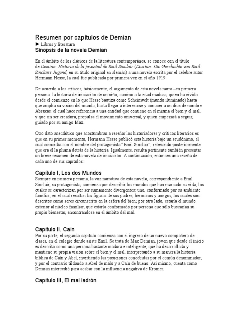 Resumen Por Capítulos de Demian | PDF | Agitación