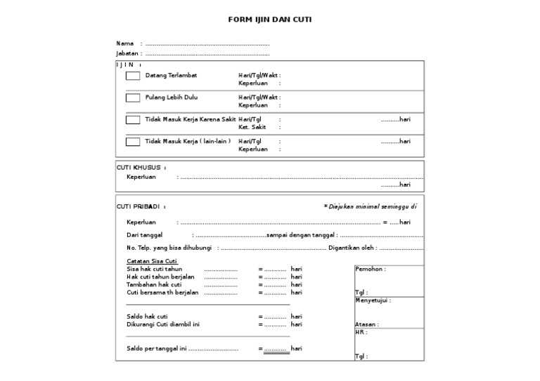 Form Ijin Dan Cuti (Polos) | PDF | Karier & Perkembangan