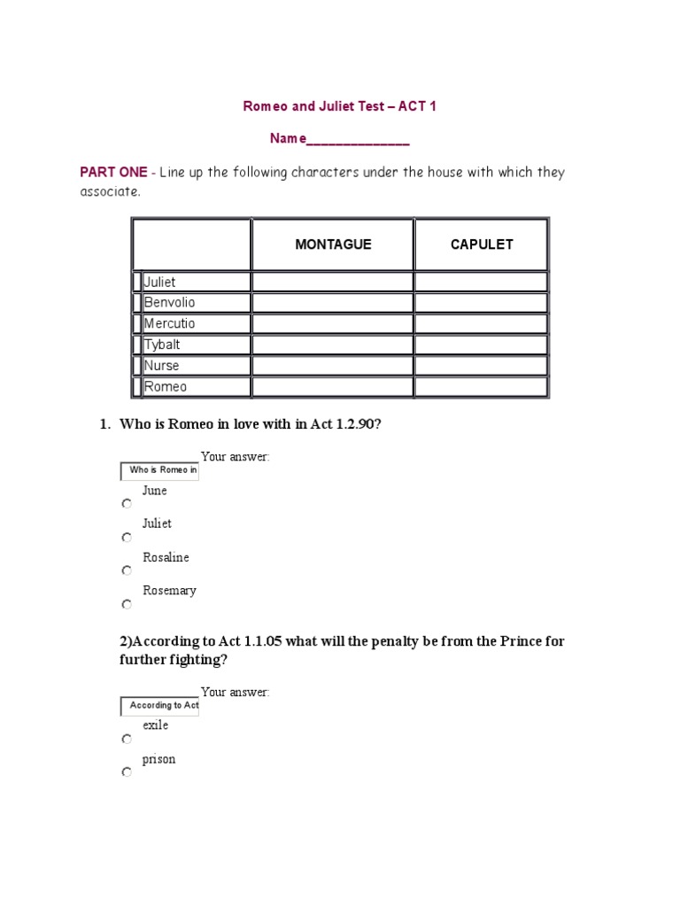 Romeo and Juliet Test Act 1 New | PDF | Characters In Romeo And Juliet ...