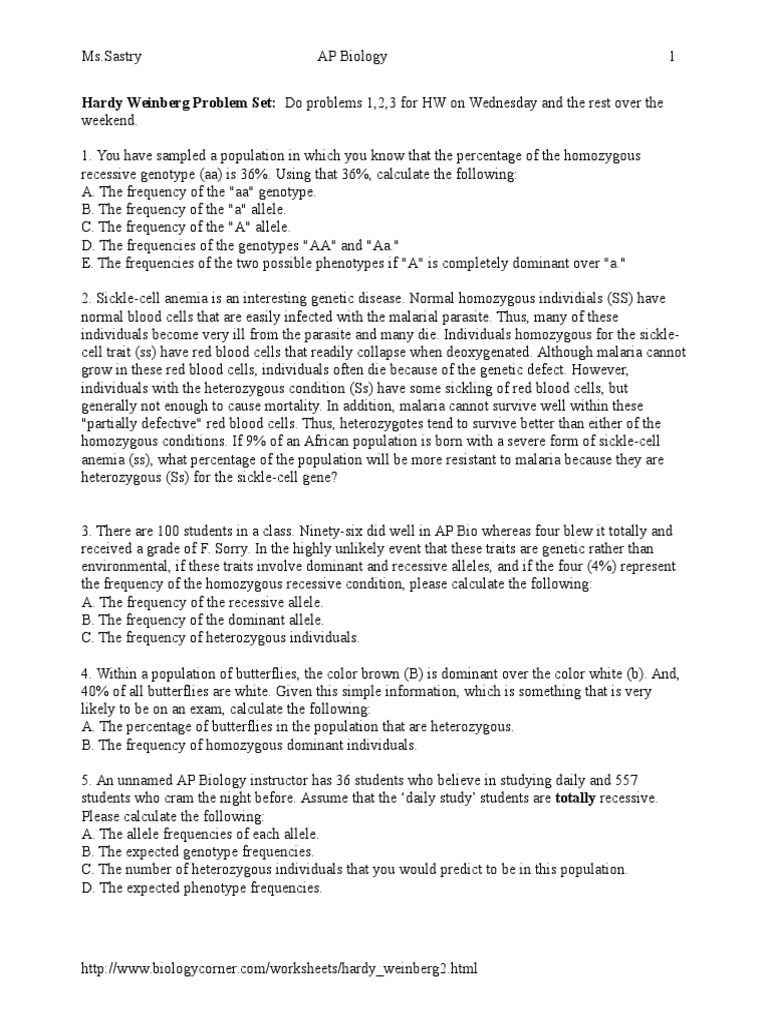 Hardy Weinberg Problem Set | PDF | Zygosity | Allele