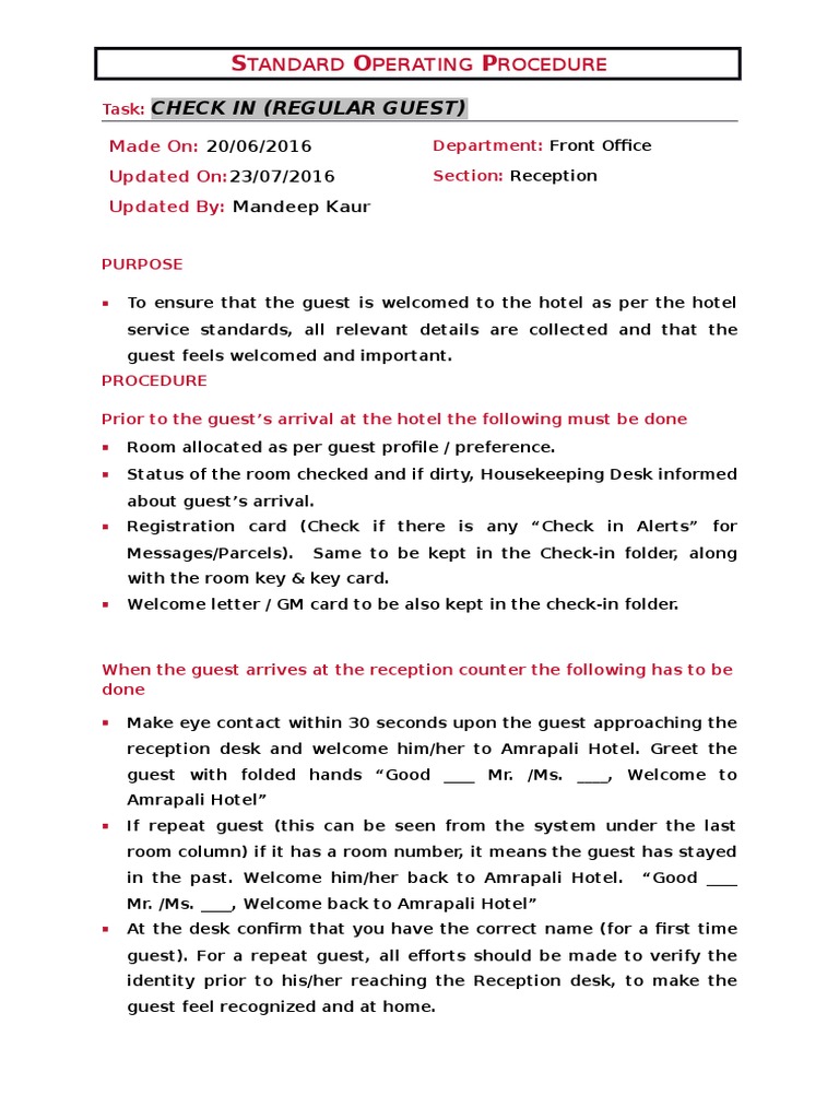 SOP 2 Check in Regular Guest | PDF | Cheque | Business