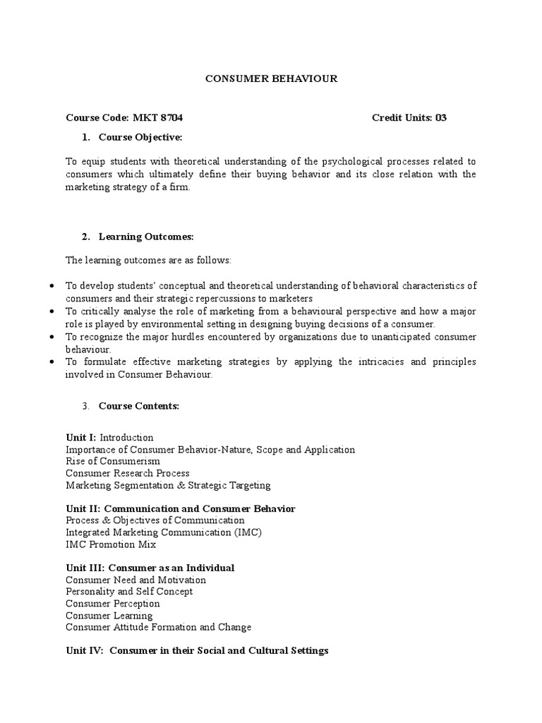 Consumer Behaviour Syllabus | PDF | Consumer Behaviour | Consumerism