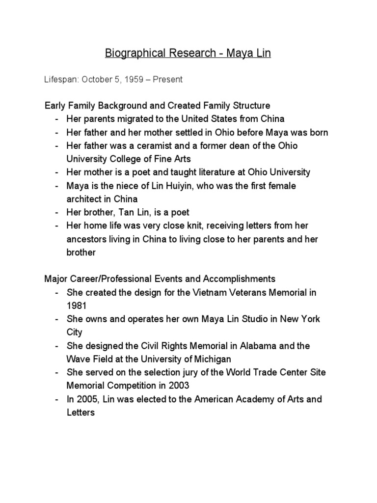 Biographical Research - Maya Lin: Lifespan: October 5, 1959 - Present | PDF