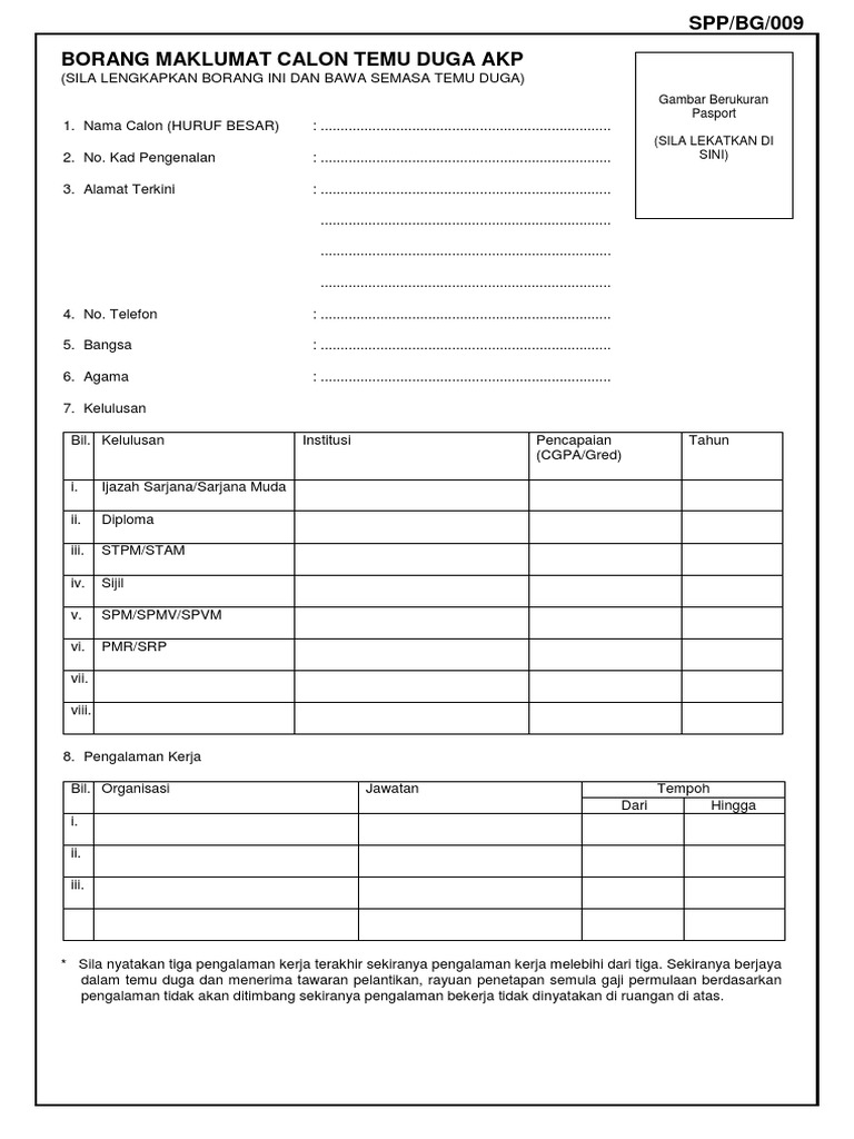 Borang Maklumat Calon Temu Duga AKP | PDF