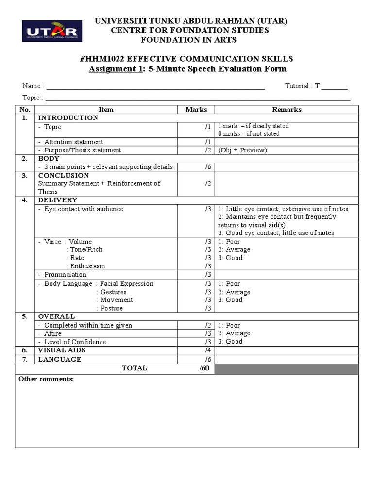 5-Minute Speech Evaluation Form | PDF | Business | Art