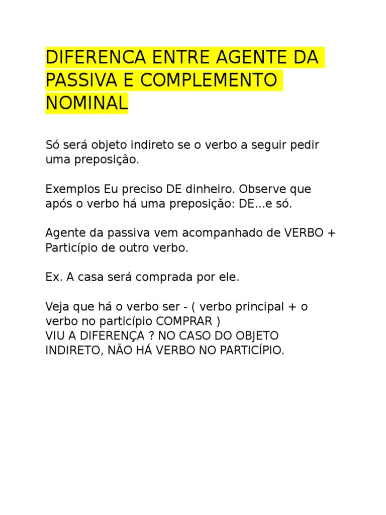 Diferenca Entre Agente Da Passiva e Complemento Nominal