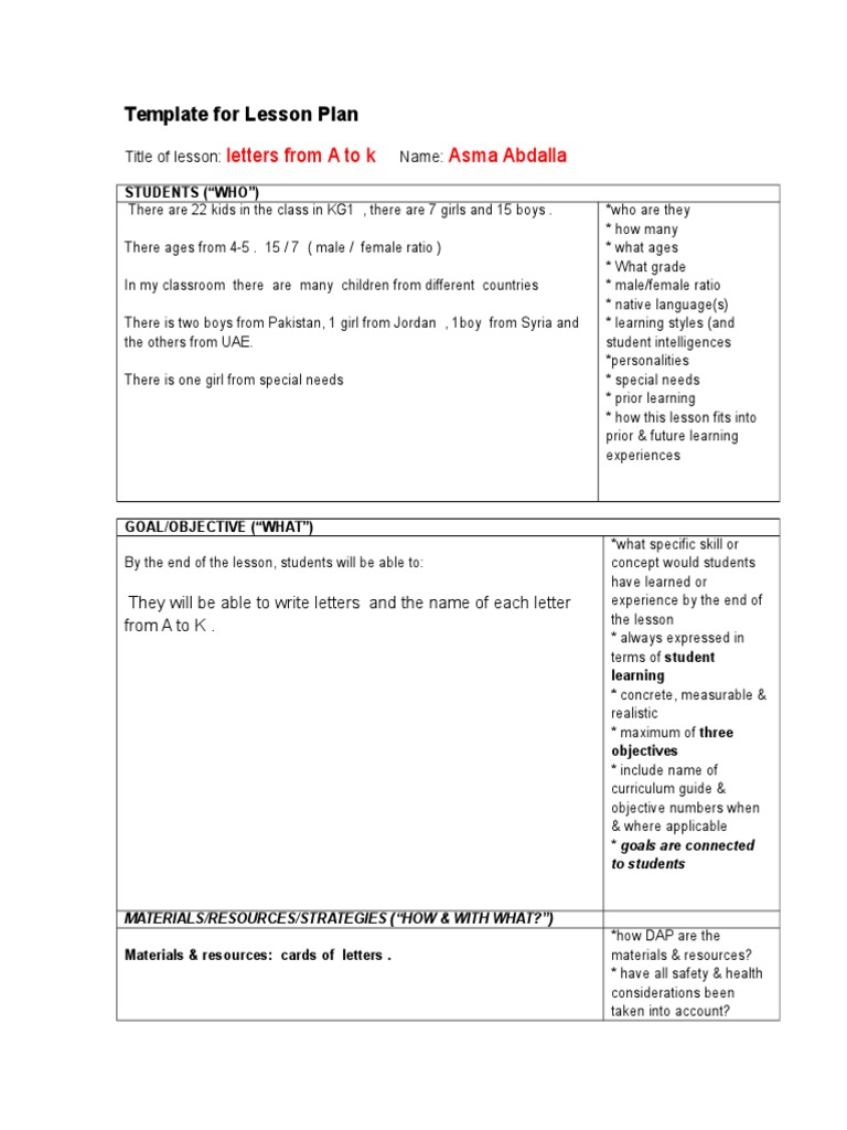 Template For Lesson Plan: Letters From A To K Asma Abdalla | PDF ...