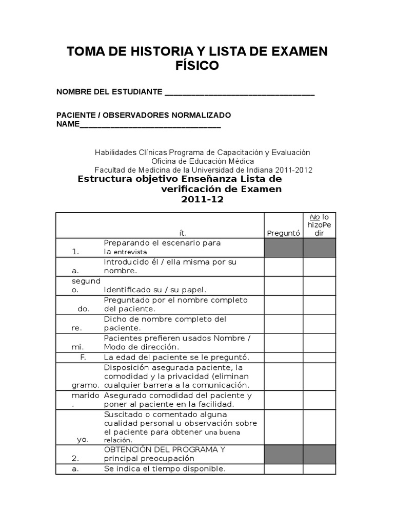 Historia Clinica y Lista de Examen Físico | PDF | Mano | Rodilla